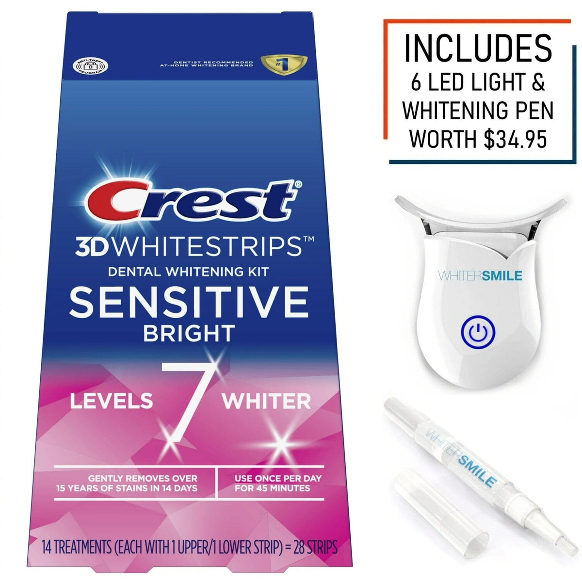 Crest 3D Whitestrips Sensitive Bright Kit + LED Light & Top Up Pen